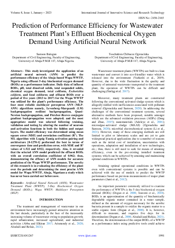 (PDF) Prediction of Performance Efficiency for Wastewater Treatment ...