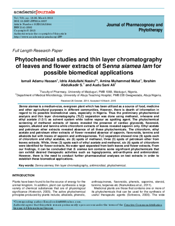 (PDF) Phytochemical studies and thin layer chromatography of leaves and flower extracts of Senna ...