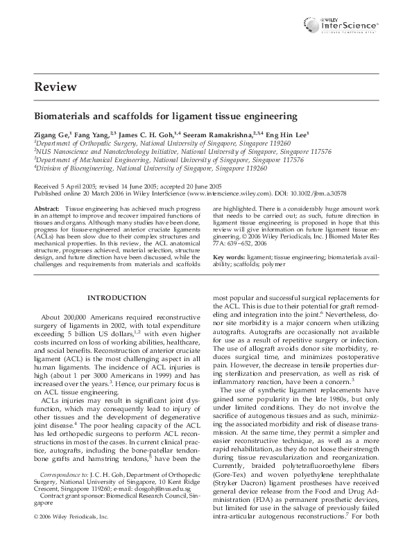 (PDF) Biomaterials and scaffolds for ligament tissue engineering