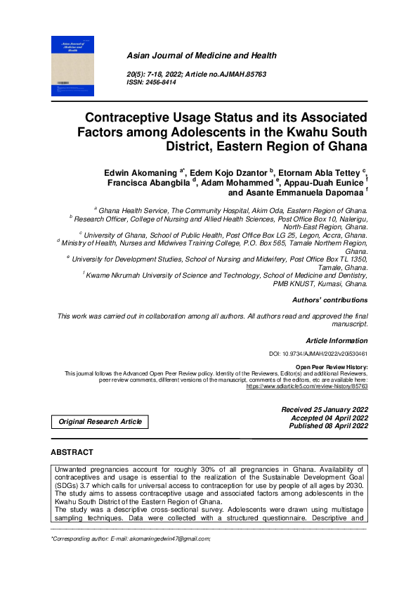 (PDF) Contraceptive Usage Status and its Associated Factors among Adolescents in the Kwahu South ...