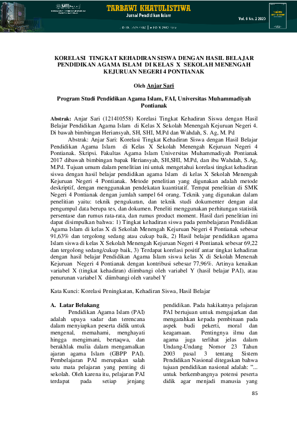 (PDF) Korelasi Tingkat Kehadiran Siswa Dengan Hasil Belajar Pendidikan Agama Islam DI Kelas X ...