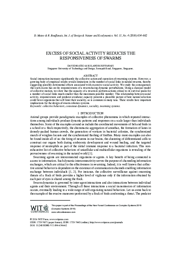 (PDF) Excess of social activity reduces the responsiveness of swarms