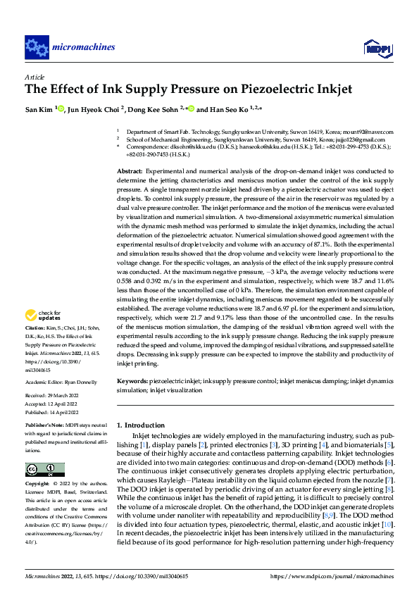 (PDF) The Effect of Ink Supply Pressure on Piezoelectric Inkjet | San ...