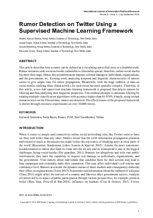 Pdf Rumor Detection On Twitter Using A Supervised Machine Learning