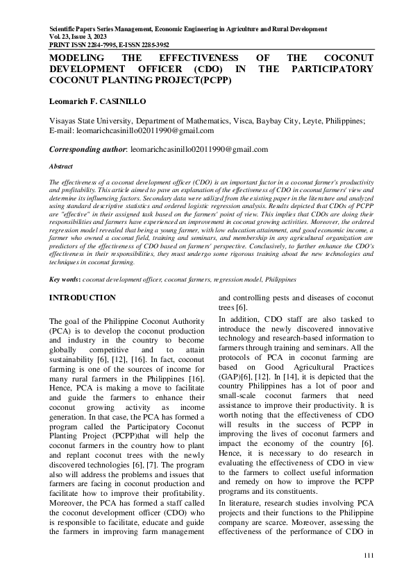 (PDF) MODELING THE EFFECTIVENESS OF THE COCONUT DEVELOPMENT OFFICER ...