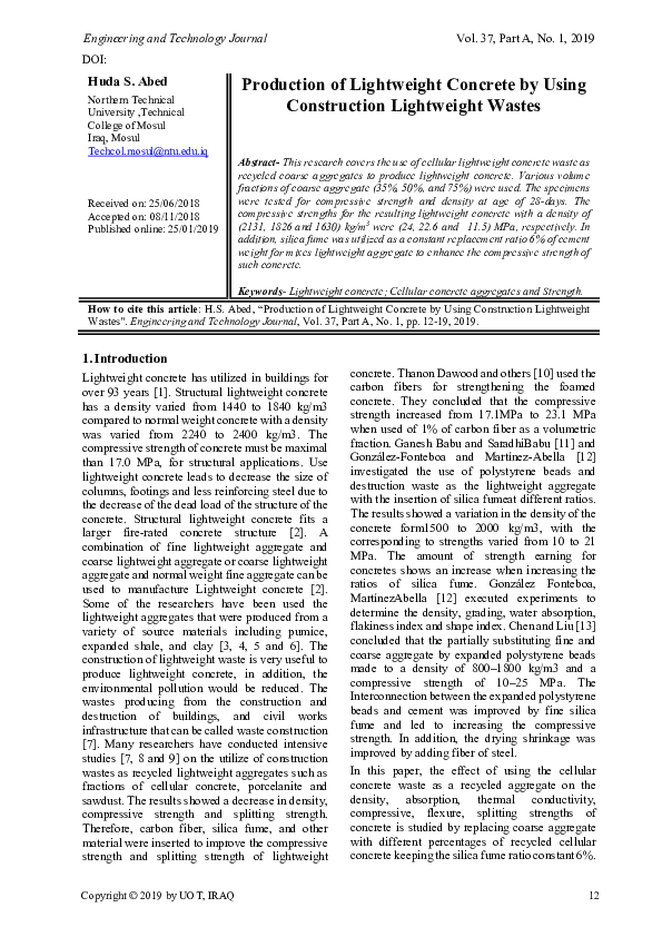(PDF) Production of Lightweight Concrete by Using Construction ...