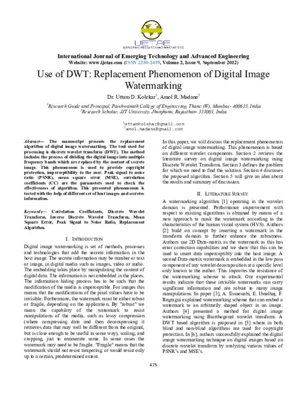 (PDF) Use of DWT: Replacement Phenomenon of Digital Image