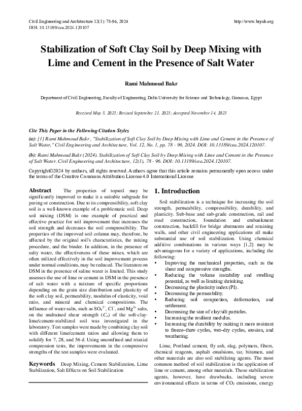 (PDF) Stabilizing Clay Soil with Lime and Cement in Saline Water