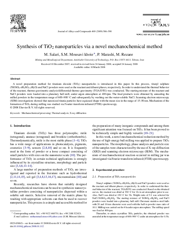 (PDF) Synthesis of TiO2 nanoparticles via a novel mechanochemical method