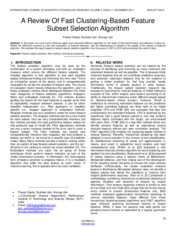 (PDF) A Review Of Fast Clustering-Based Feature Subset Selection Algorithm