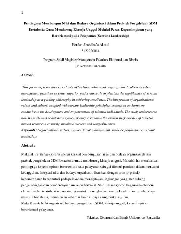(PDF) Pentingnya Membangun Nilai dan Budaya Organisasi dalam Praktek Pengelolaan SDM Bertalenta ...