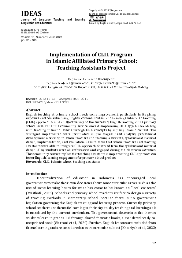 (PDF) Implementation of CLIL Program in Islamic Affiliated Primary School: Teaching Assistants ...