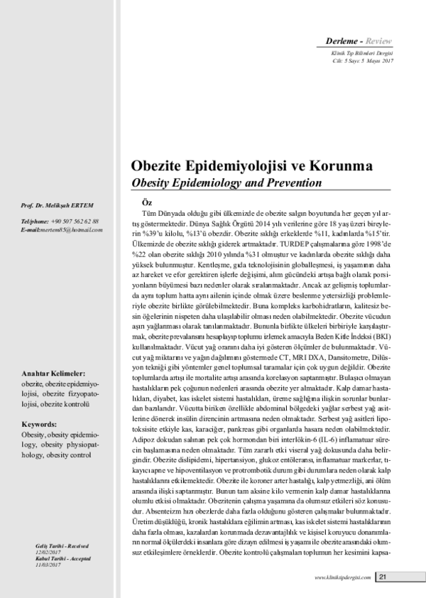 (PDF) Obezite Epidemiyolojisi ve Korunma