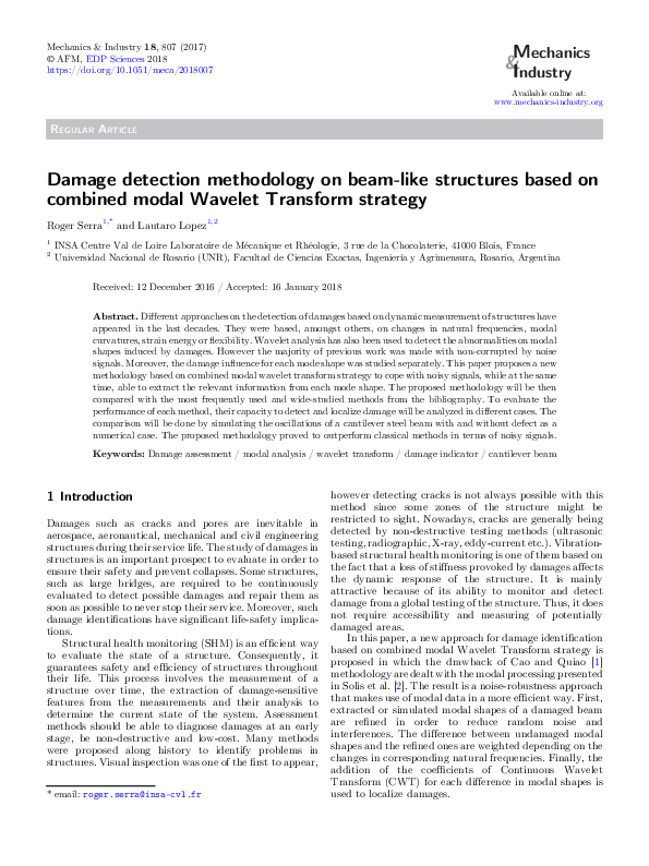 (PDF) Damage detection methodology on beam-like structures based on combined modal Wavelet ...