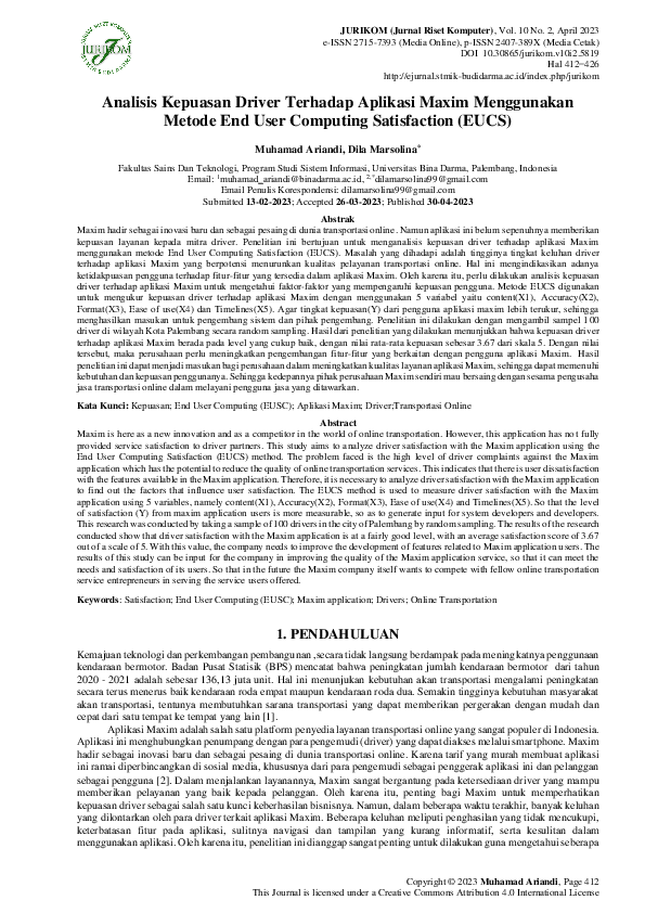 Pdf Analisis Kepuasan Driver Terhadap Aplikasi Maxim Menggunakan Metode End User Computing