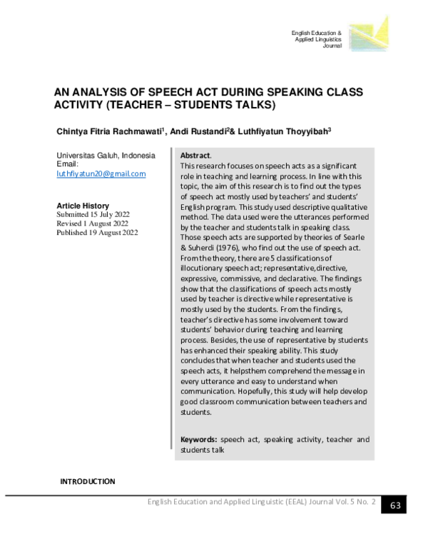 (PDF) An Analysis of Speech Act During Speaking Class Activity (Teacher ...