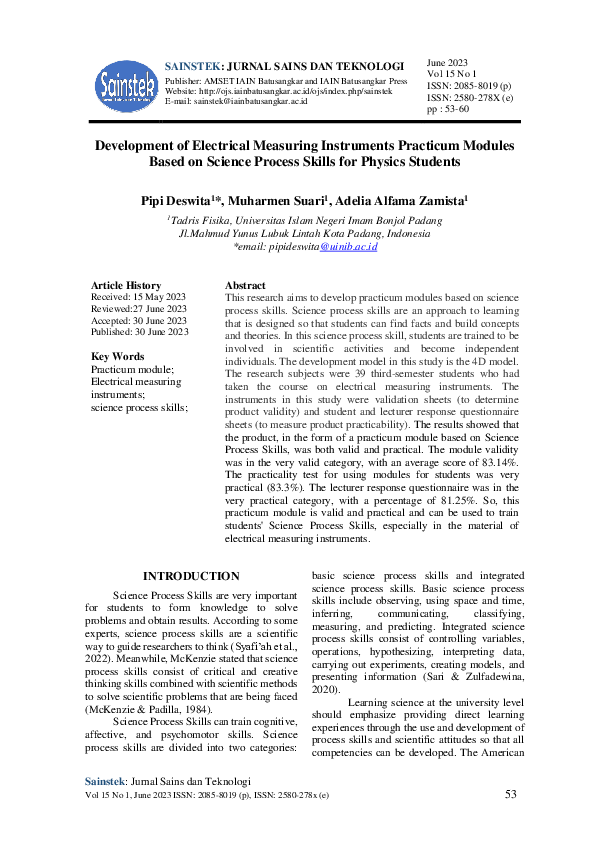 (PDF) Development of Electrical Measuring Instruments Practicum Modules Based on Science Process ...