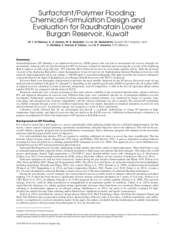(PDF) Surfactant-Polymer Flooding: Chemical Formulation Design and Evaluation for the Raudhatain ...