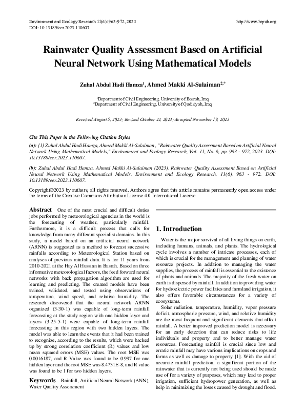 (PDF) Rainwater Quality Assessment Based on Artificial Neural Network Using Mathematical Models