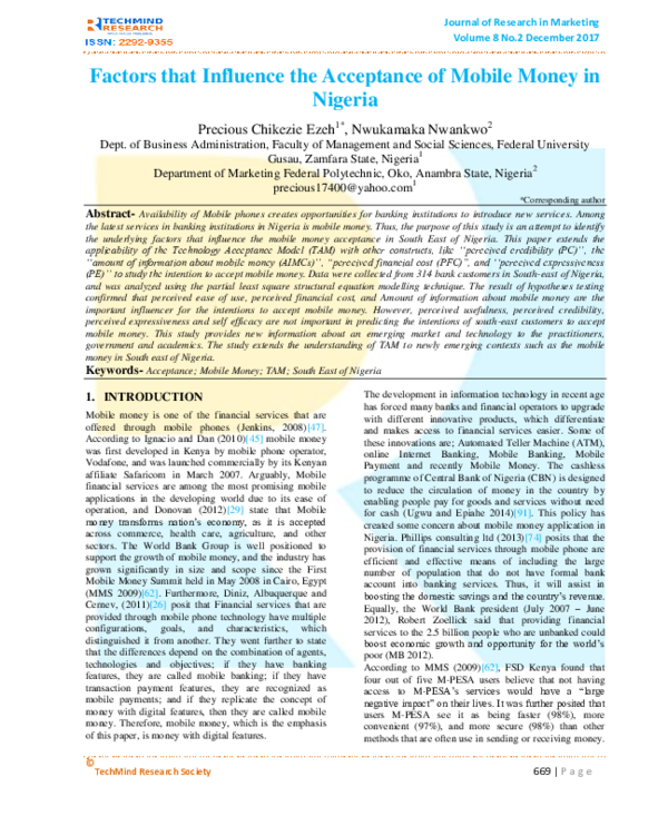 (PDF) Factors that Influence the Acceptance of Mobile Money in Nigeria