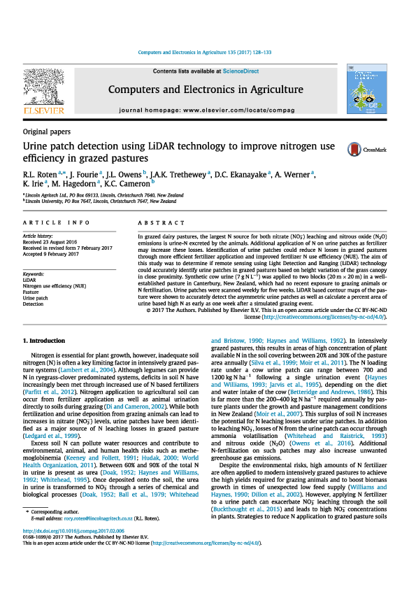 Urine patch detection using LiDAR technology to improve nitrogen use efficiency in grazed pastures