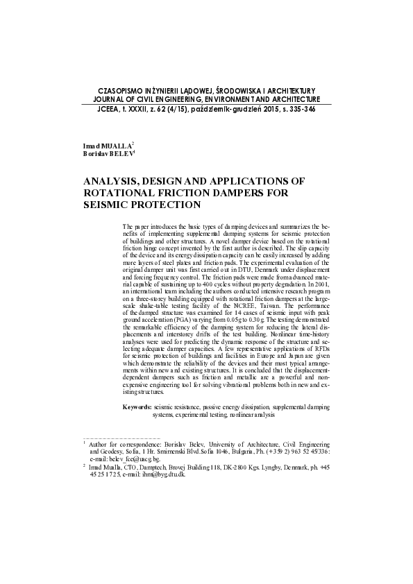 (PDF) Analysis, Design and Applications of Rotational Friction Dampers for Seismic Protection