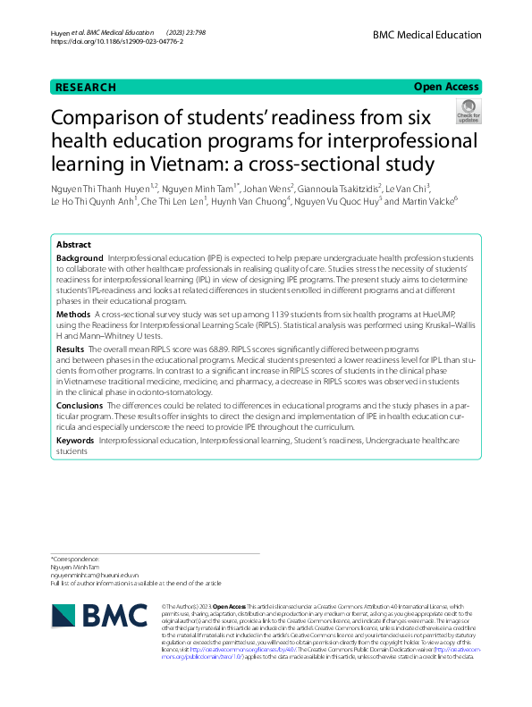 (PDF) Comparison of students' readiness from six health education programs for interprofessional ...
