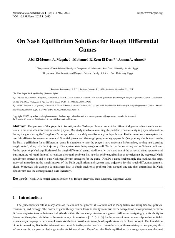 (PDF) On Nash Equilibrium Solutions for Rough Differential Games