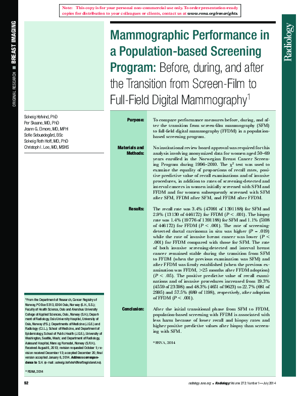 (PDF) Mammographic Performance in a Population-based Screening Program: Before, during, and ...