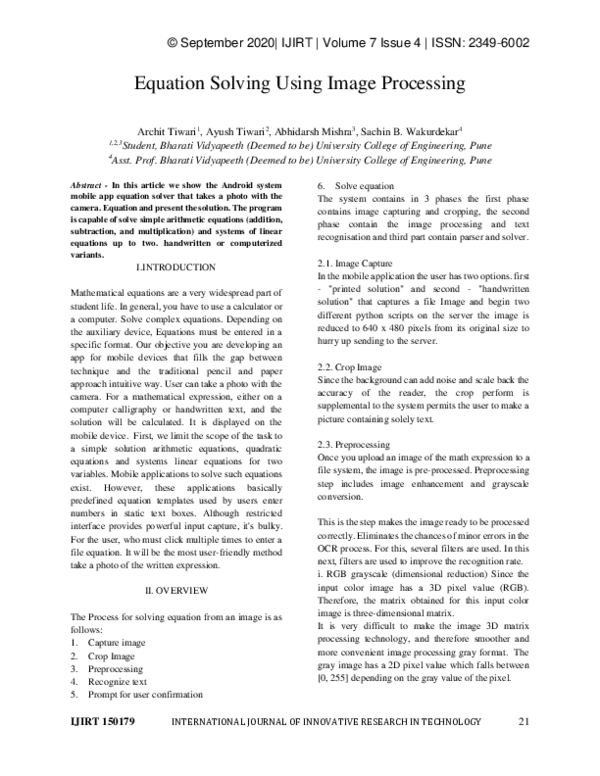 (PDF) Equation Solving Using Image Processing