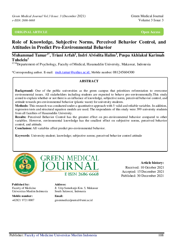 (PDF) Role of Knowledge, Subjective Norms, Perceived Behavior Control, and Attitudes in Predict ...