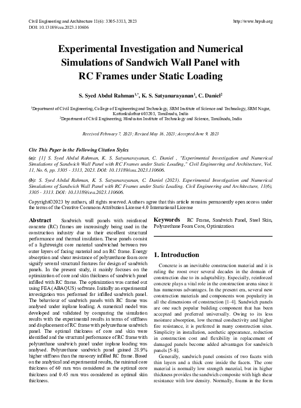 (PDF) Experimental Investigation and Numerical Simulations of Sandwich Wall Panel with RC Frames ...