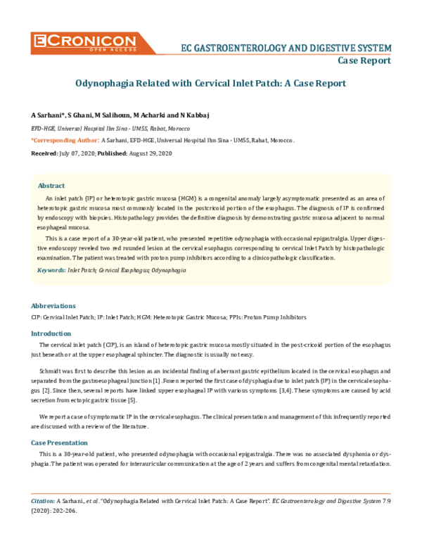 (PDF) Odynophagia Related with Cervical Inlet Patch: A Case Report