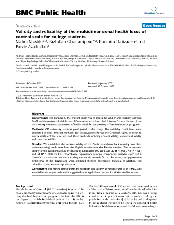 (PDF) Validity and reliability of the multidimensional health locus of ...