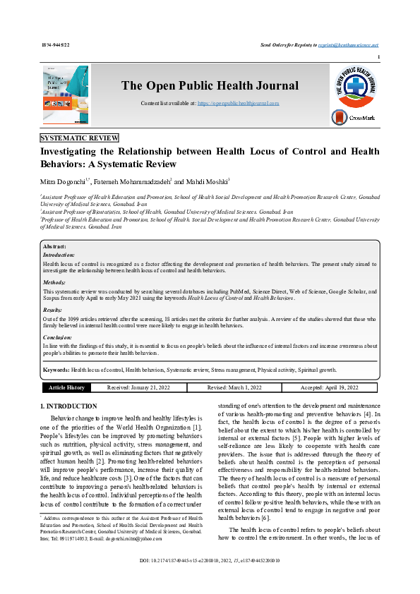(PDF) Investigating the Relationship between Health Locus of Control ...