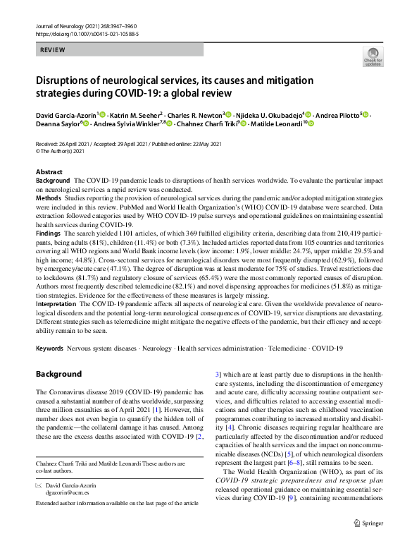 (PDF) Disruptions of neurological services, its causes and mitigation ...