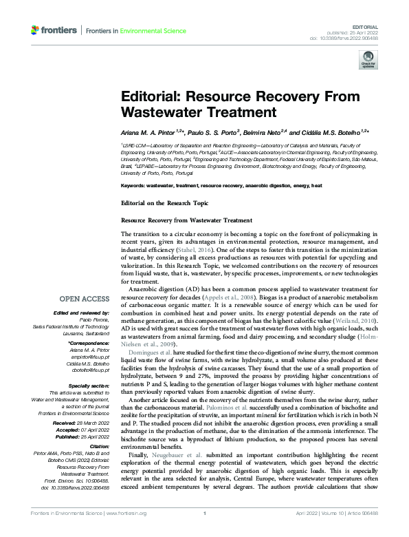 (PDF) Editorial: Resource Recovery From Wastewater Treatment