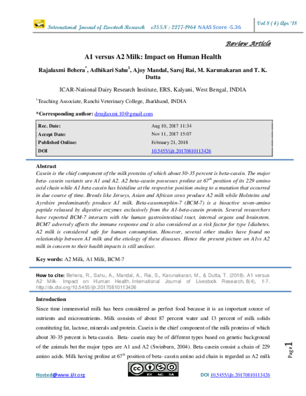 (PDF) A1 versus A2 Milk- Impact on Human Health