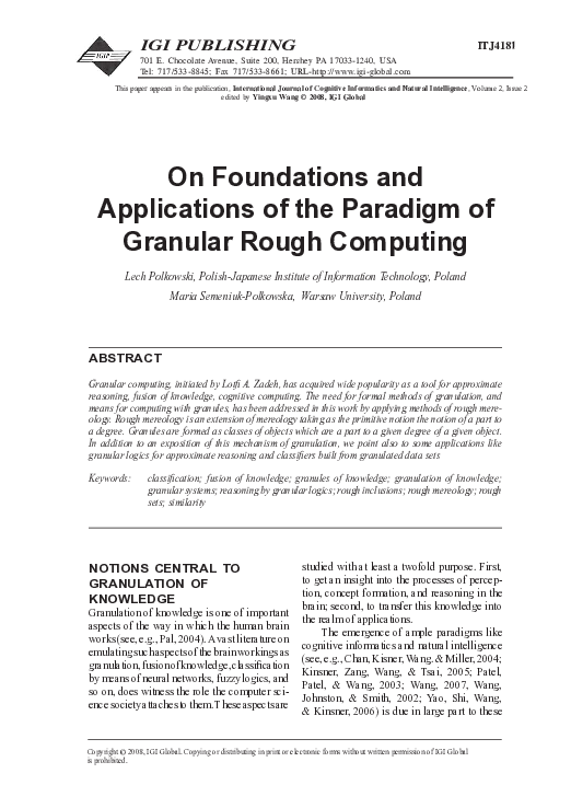 Pdf On Foundations And Applications Of The Paradigm Of Granular Rough Computing