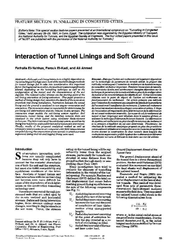 (PDF) Interaction of tunnel linings and soft ground