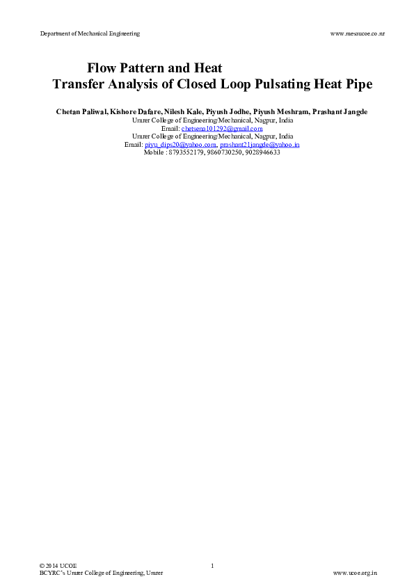 Doc Flow Pattern And Heat Transfer Analysis Of Closed Loop Pulsating