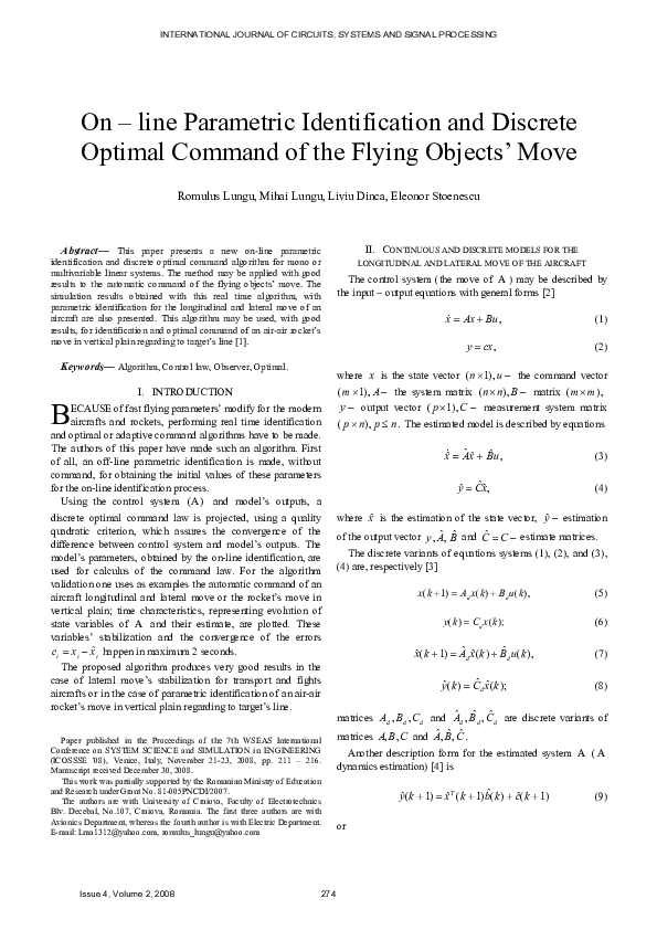 (PDF) On line Parametric Identification and Discrete Optimal Command of the Flying Objects' Move
