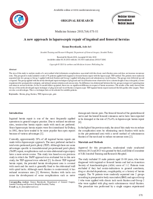 (PDF) A new approach in laparoscopic repair of inguinal and femoral hernias