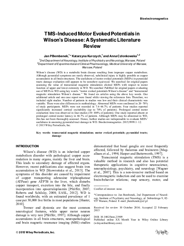 (PDF) Motor Evoked Potentials in Wilson's Disease: A Review