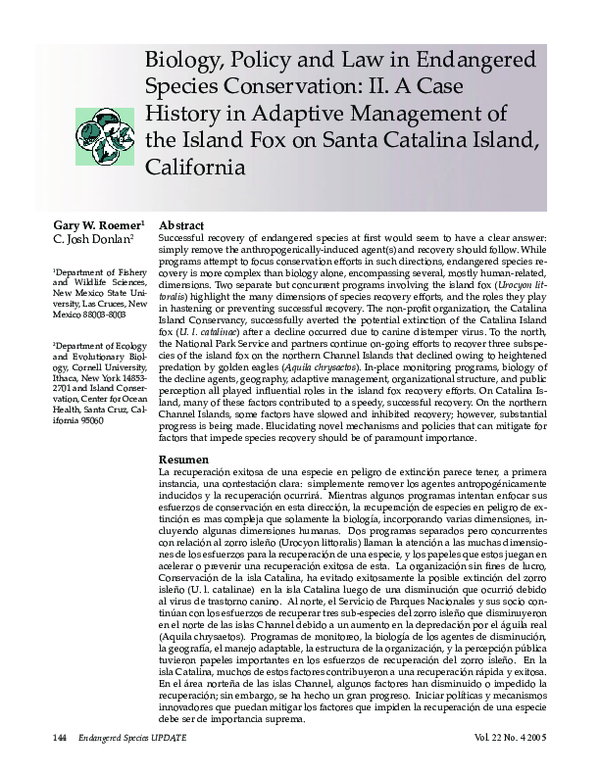 (PDF) Biology, Policy and Law in Endangered Species Conservation: II. A ...