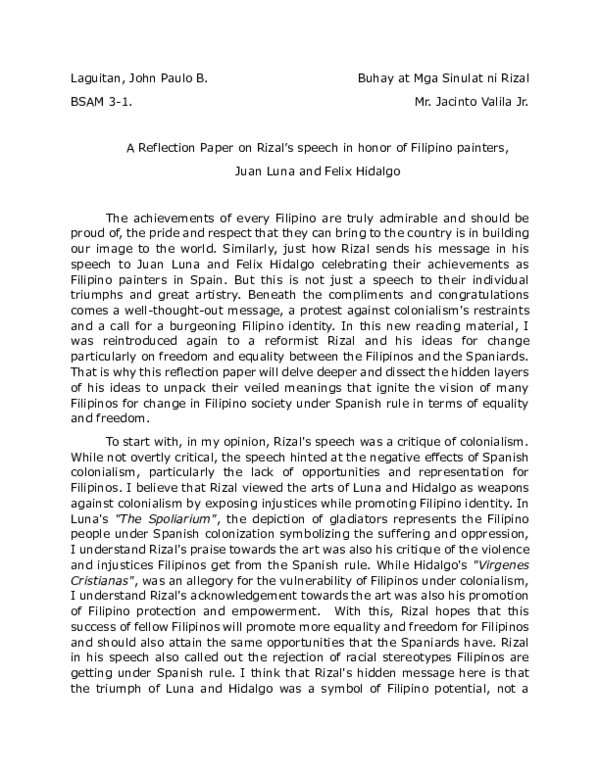 (PDF) A Reflection Paper of Rizal's speech in honor of Filipino painters, Juan Luna and Felix ...