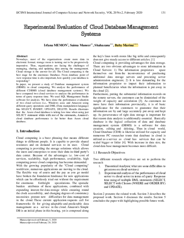 (PDF) Experimental Evaluation of Cloud Database Management Systems