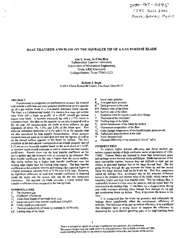 (PDF) Heat Transfer and Flow on the Squealer Tip of a Gas Turbine Blade ...