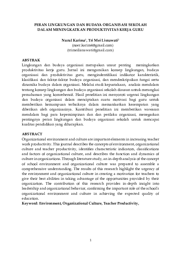 (PDF) PERAN LINGKUNGAN DAN BUDAYA ORGANISASI SEKOLAH DALAM MENINGKATKAN PRODUKTIVITAS KERJA GURU