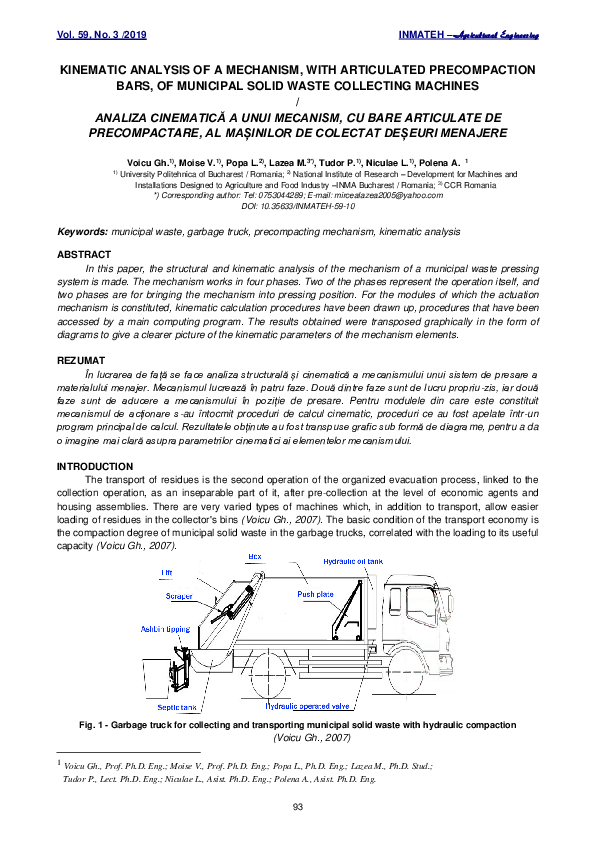 (PDF) Kinematic Analysis of a Mechanism, with Articulated Precompaction Bars, of Municipal Solid ...